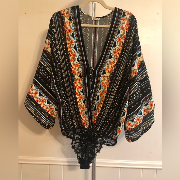 Free People | Tops | Free People Intimately Black Floral Bell Sleeve ...
